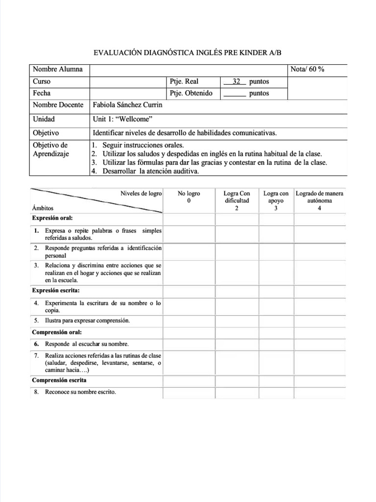 Evaluación Diagnóstica Inglés Pre Kinder | PDF | Educación de la ...
