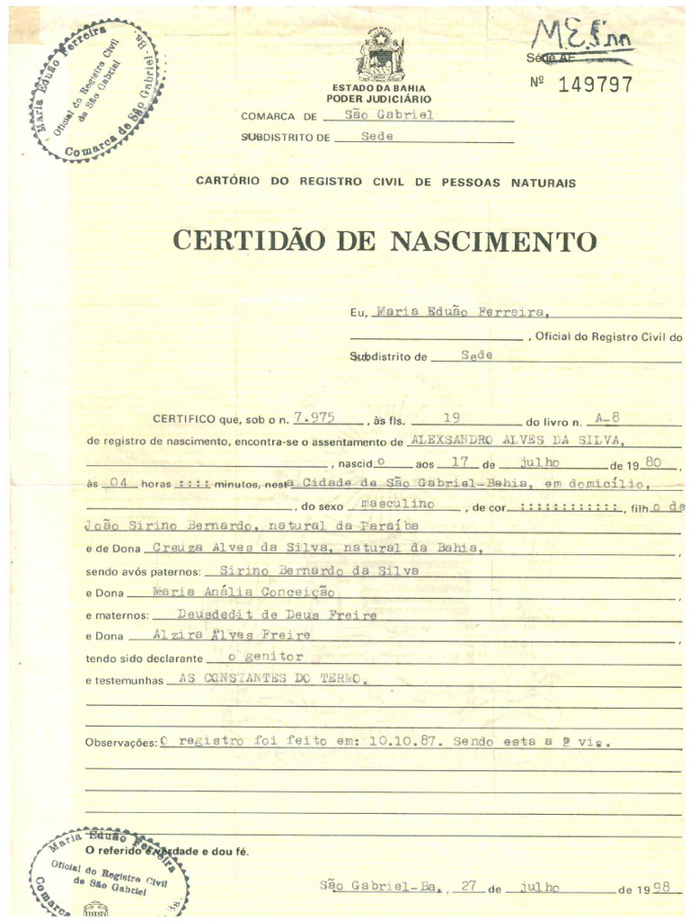 CERTIDÃO DE NASCIMENTO @ | PDF