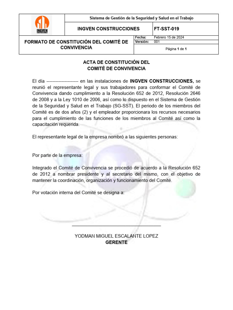 FT-SST-019 Formato de Constitución Del Comité de Convivencia | PDF