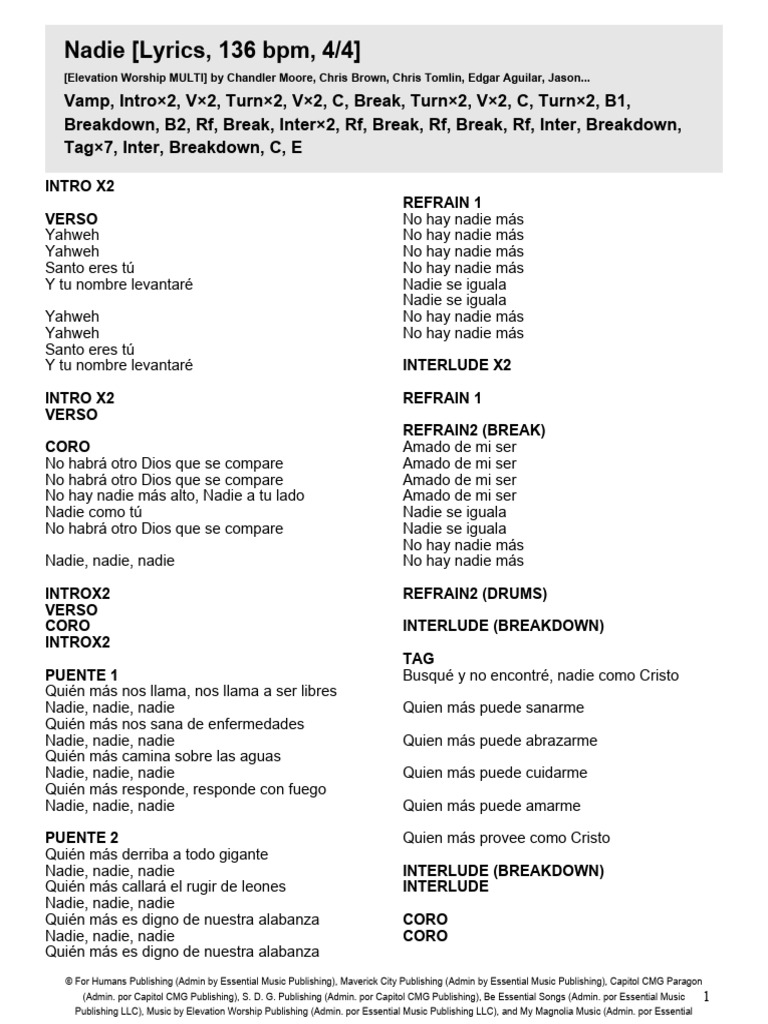 Nadie - Lyrics | Descargar gratis PDF | Música de adoración contemporánea