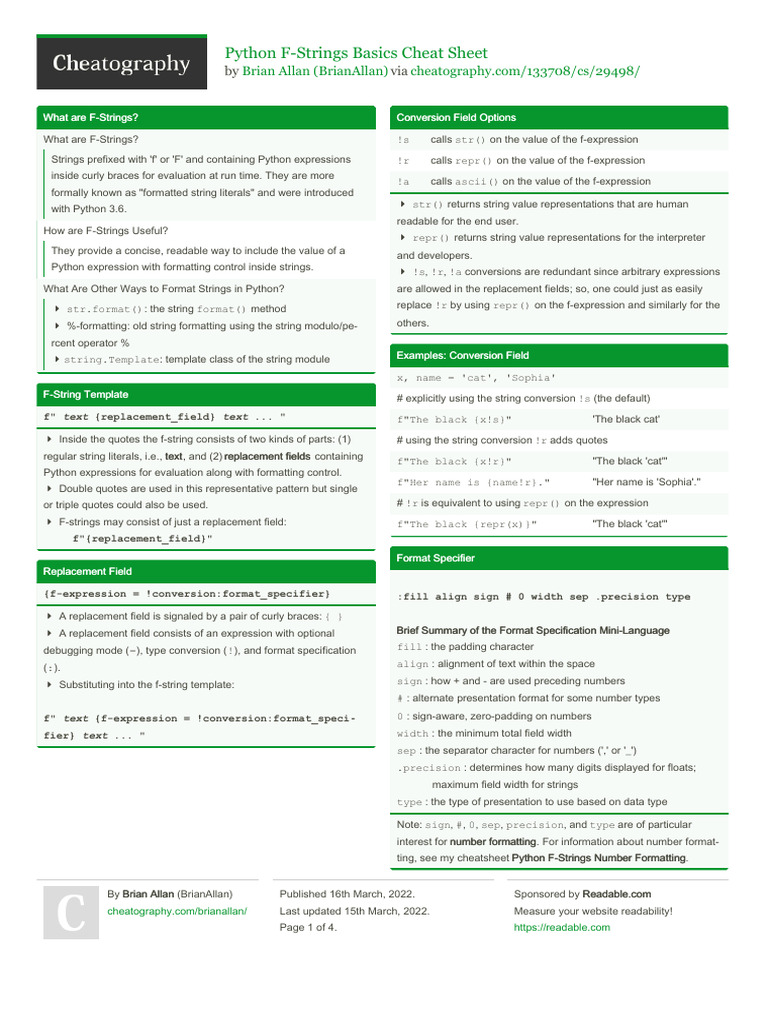 Python F-Strings Basics Cheat Sheet | PDF | String (Computer Science ... Python F-Strings Basics Cheat Sheet | PDF | String (Computer Science ...