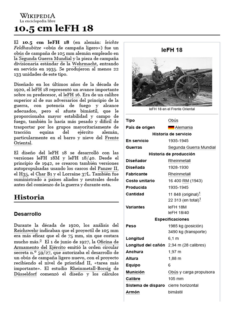 10.5 CM leFH 18 Wikipedia, La Enciclopedia Libre (ESP) | PDF ...