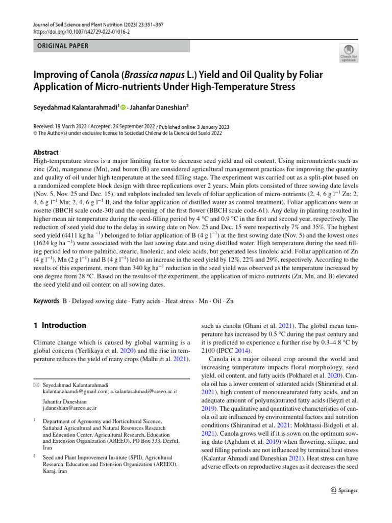 Improving of Canola (Brassica Napus L.) Yield and Oil Quality by Foliar Application of Micro ...