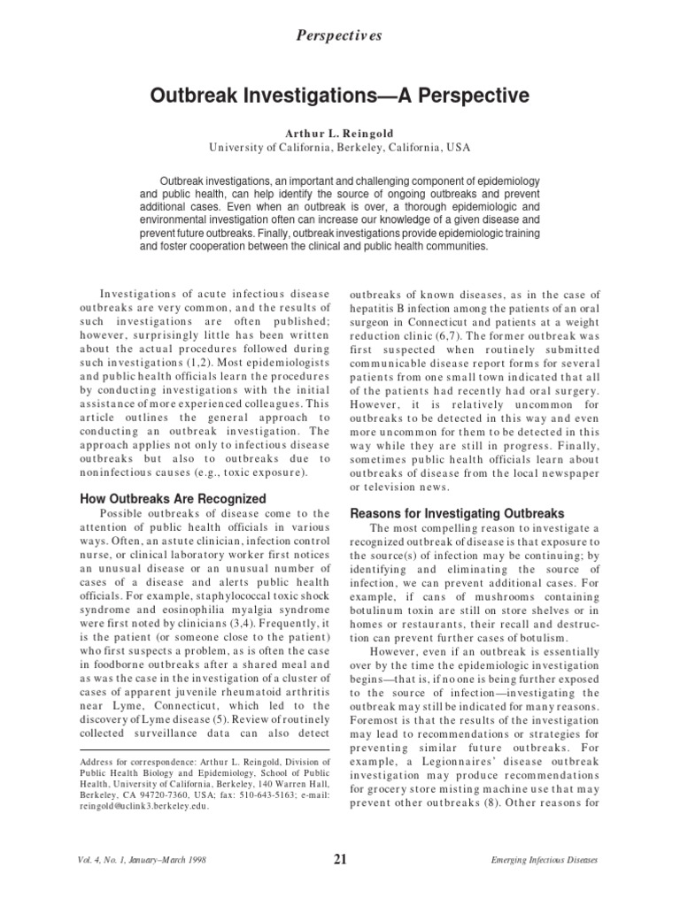 Outbreak Investigations-A Perspective | PDF | Epidemiology | Infection