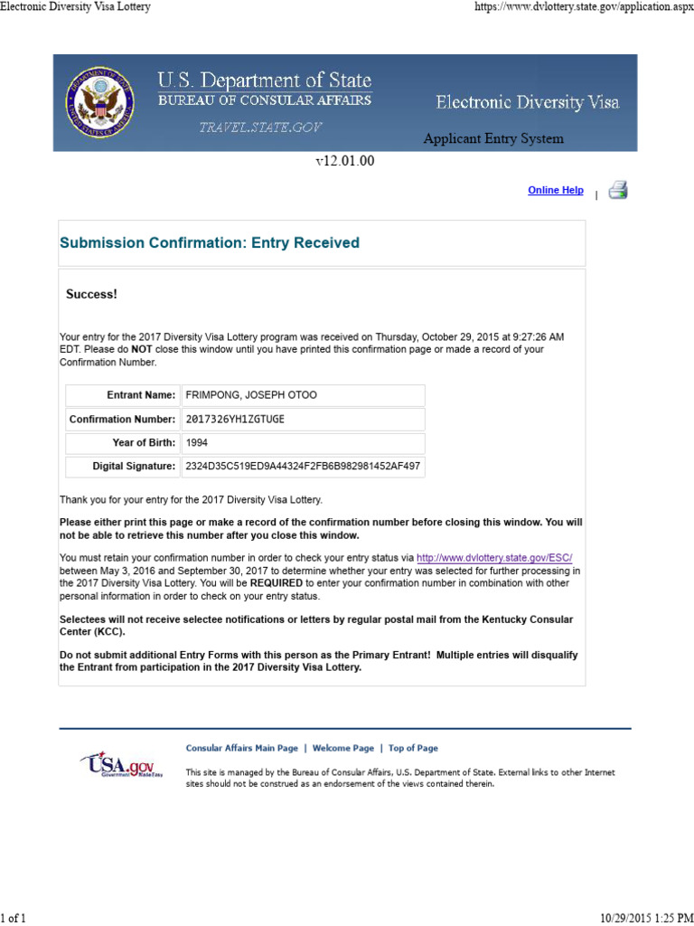 2017 Diversity Visa Lottery Confirmation | PDF | Travel Visa