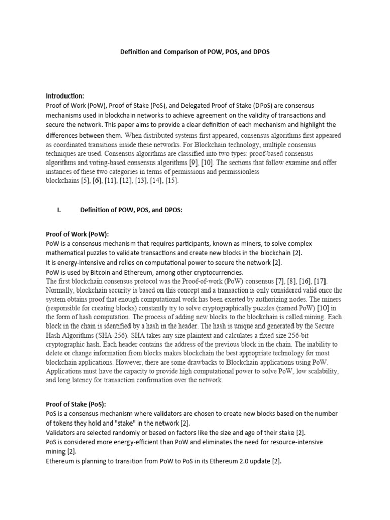 Definition and Comparison of POW, POS, and DPOS | PDF | Algorithms | Distributed Computing