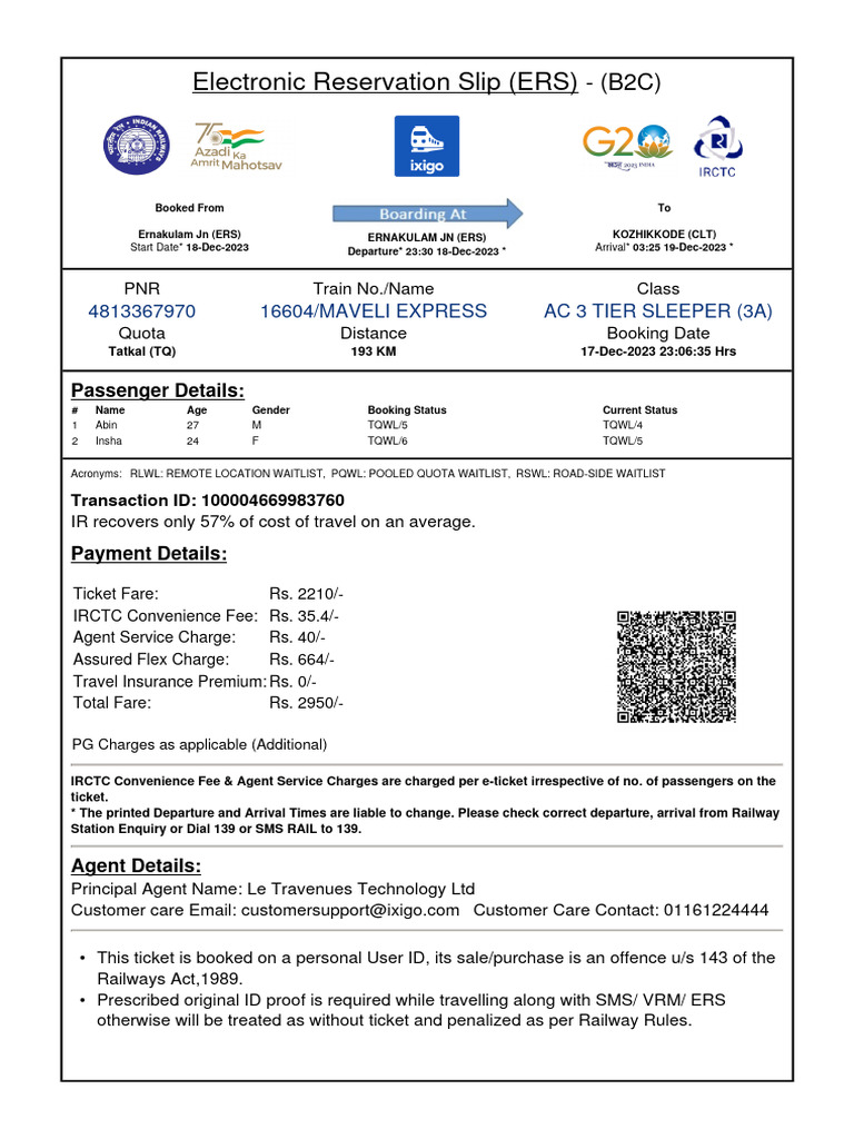 Electronic Reservation Slip for Train Travel | PDF | Identity Document