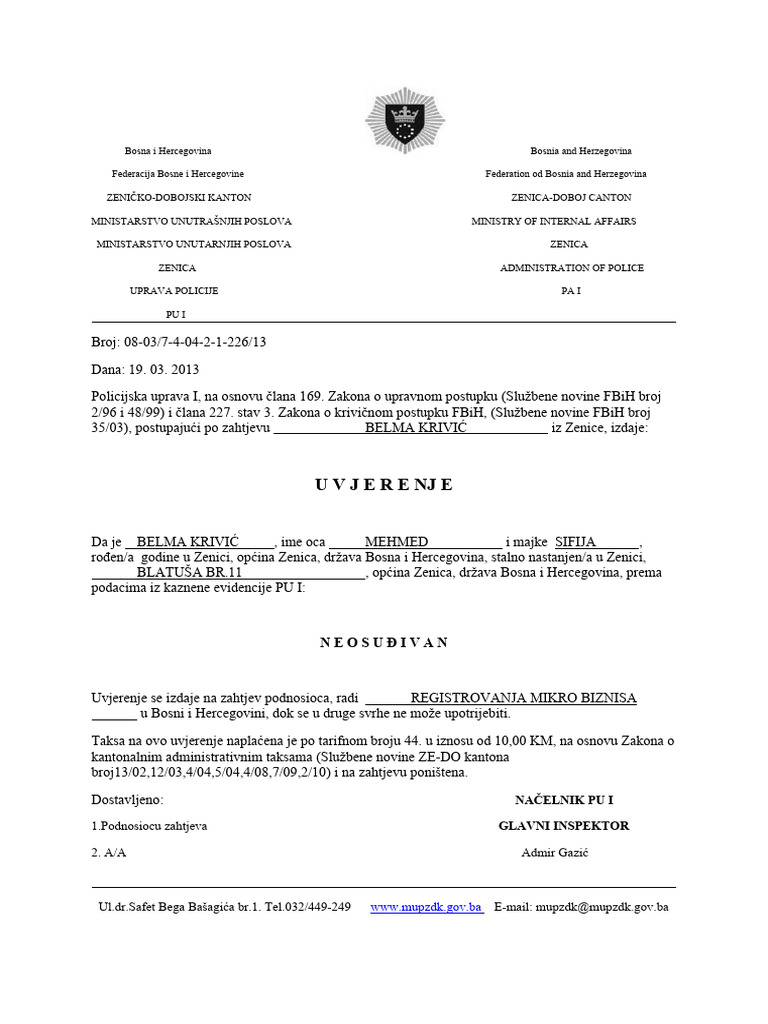 Uvjerenje o Nekažnjavanju | PDF