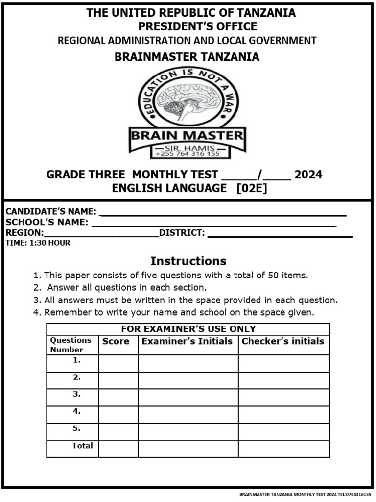 Brainmaster Tanzania G3 Eng Monthly Test 2024 | PDF | Linguistics