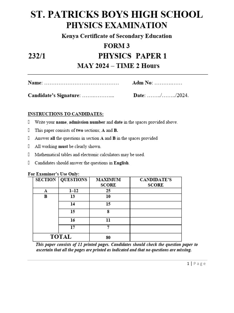 Uranga Physics 2021 Form 3 Paper 1 Final - 1624558345 | PDF | Quantity ...