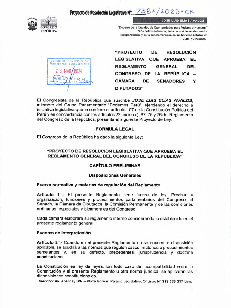 PL Reglamento Del Congreso | PDF | Legislador | Regulación