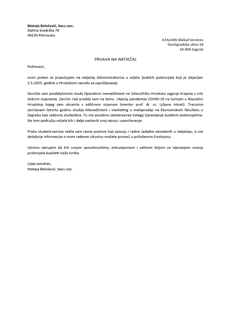Motivacijsko Pismo Primjer | PDF
