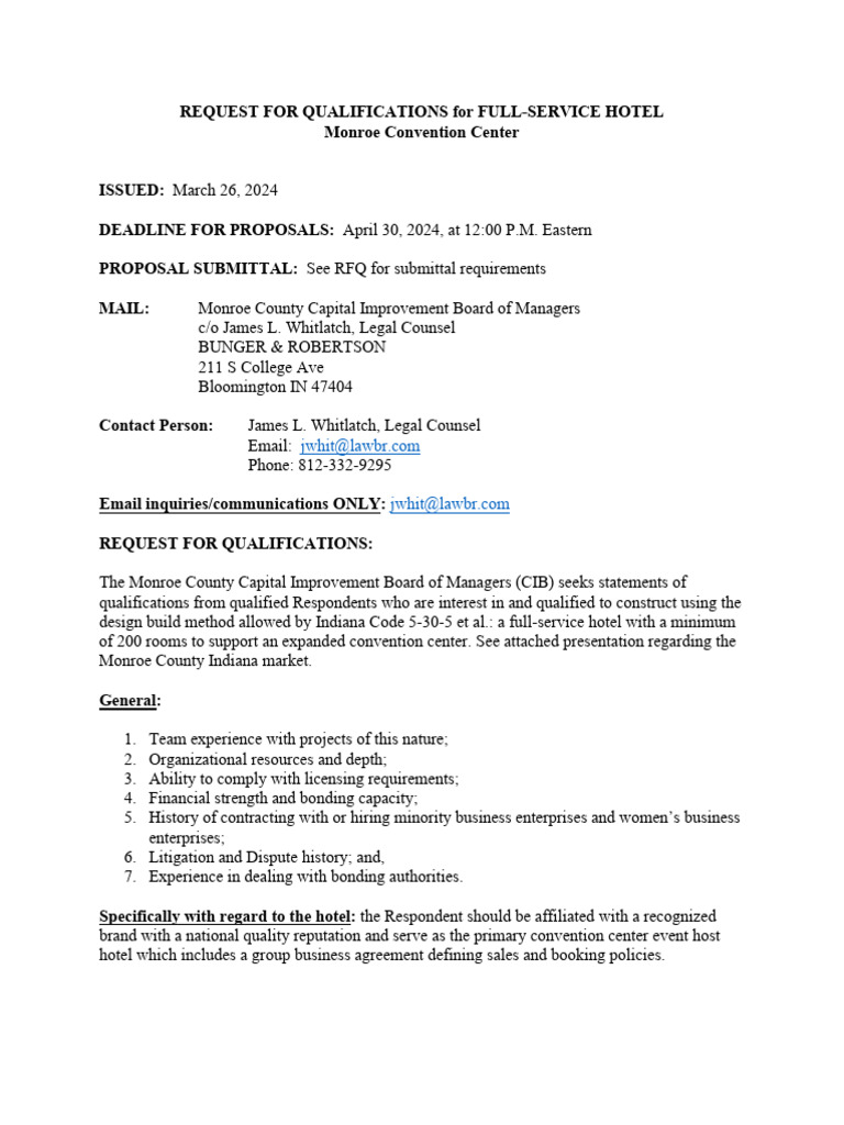 RFQ for Full-Service Hotel at Monroe | PDF | Hotel | Business