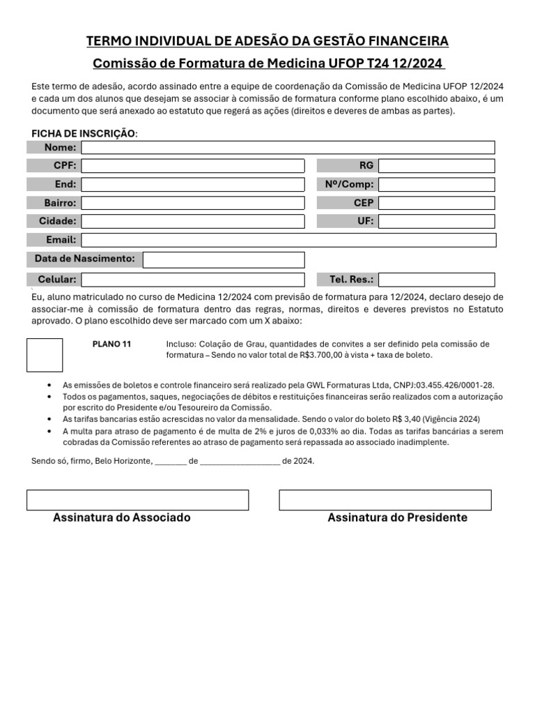 Termo de AdesÃ o Medicina UFOP 12.2024 - Plano 11 - ColaÃ Ã o de Grau - Ã¡ Vista | PDF