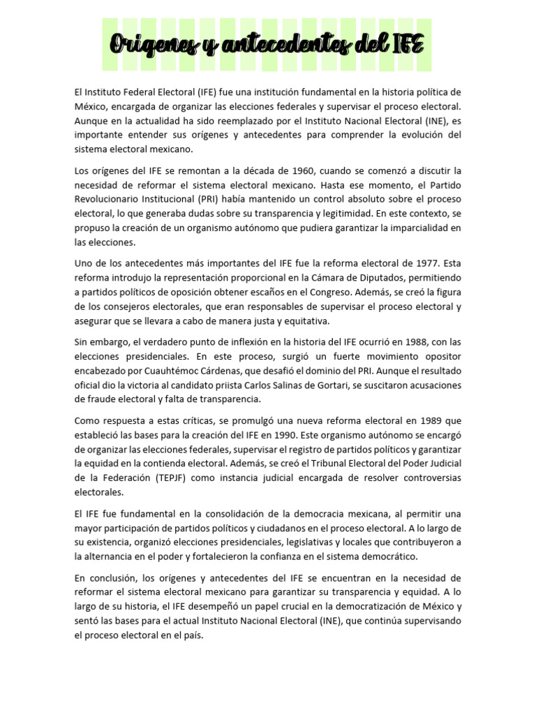 Orígenes del IFE y su impacto electoral | PDF | Partido Revolucionario ...