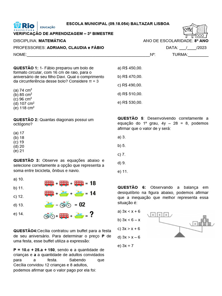 Prova Bimestral 8º Ano 4º Bimestre 2023. | PDF | Equações | Objetos ...