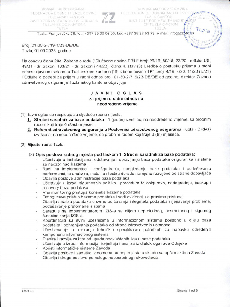 Javni Oglas Za Prijem U Radni Odnos ZZO TK | PDF