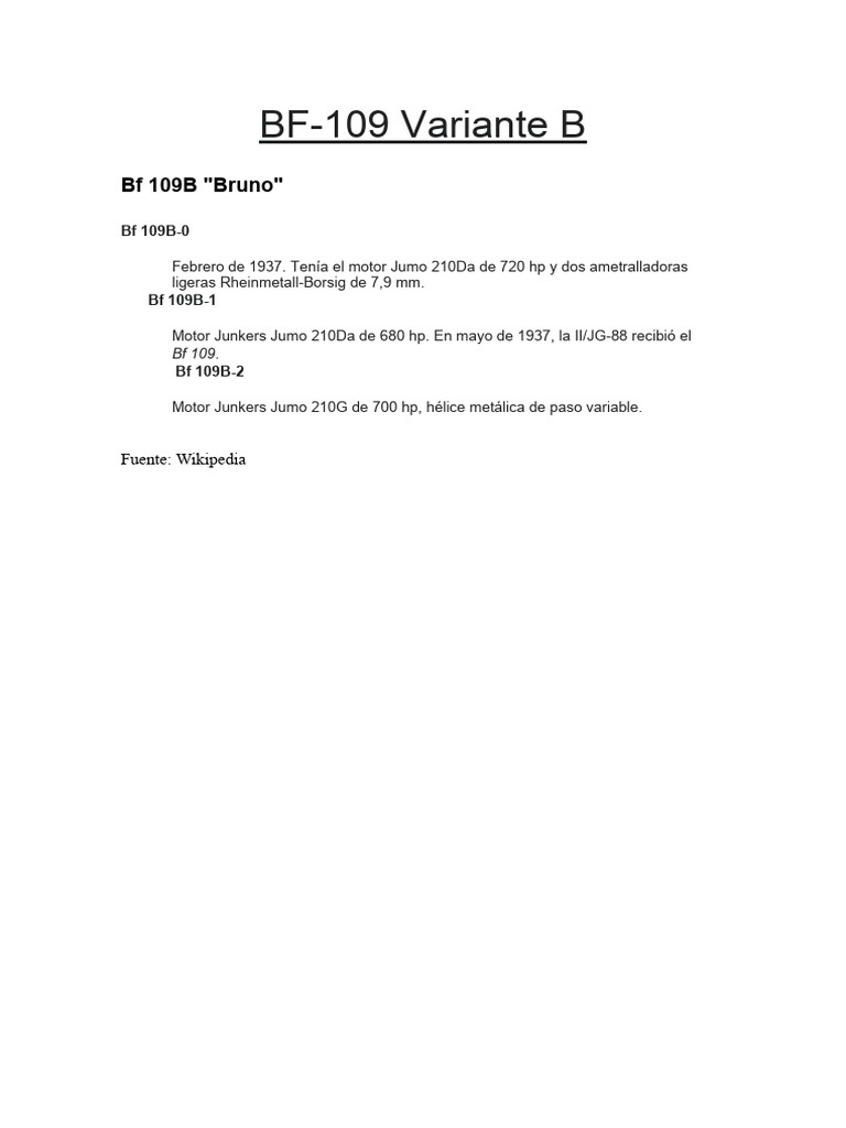 Variantes del Bf 109B: Especificaciones | PDF
