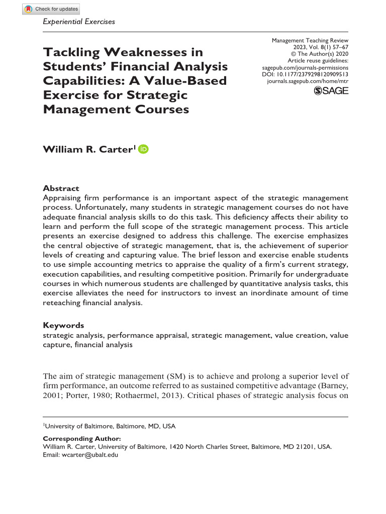 Carter 2020 Tackling Weaknesses in Students Financial Analysis Capabilities A Value Based ...