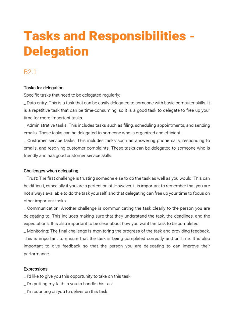 Tasks and Responsibilities - Delegation | PDF | Cognitive Science | Human Communication