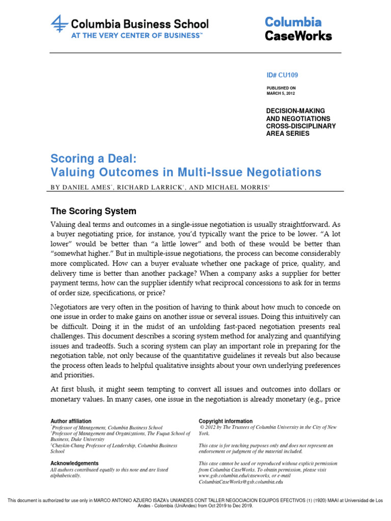 Scoring A Deal Valuing Outcomes in Multi Issue Negotiations CU109-PDF ...