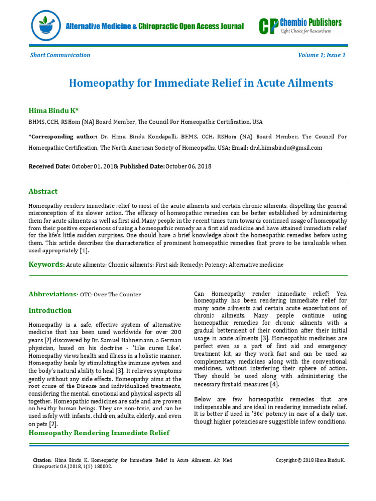 Homeopathy For Immediate Relief in Acute Ailments - ChembioPublishers ...