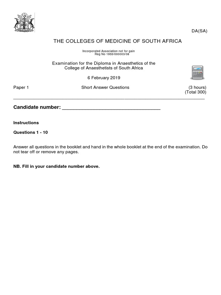 DA (SA) Past Papers - 2019 1st Semester | PDF | Anesthesia | Surgery