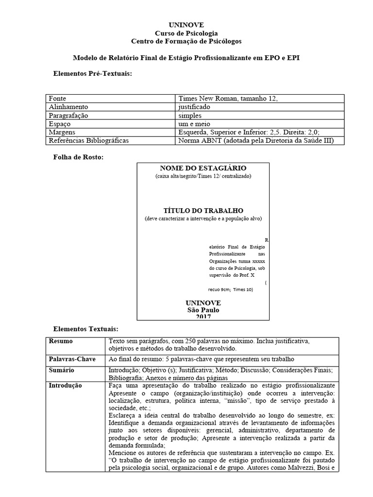 MODELO de Relatório Final de EPO - EPI | PDF | Psicologia | Bibliografia