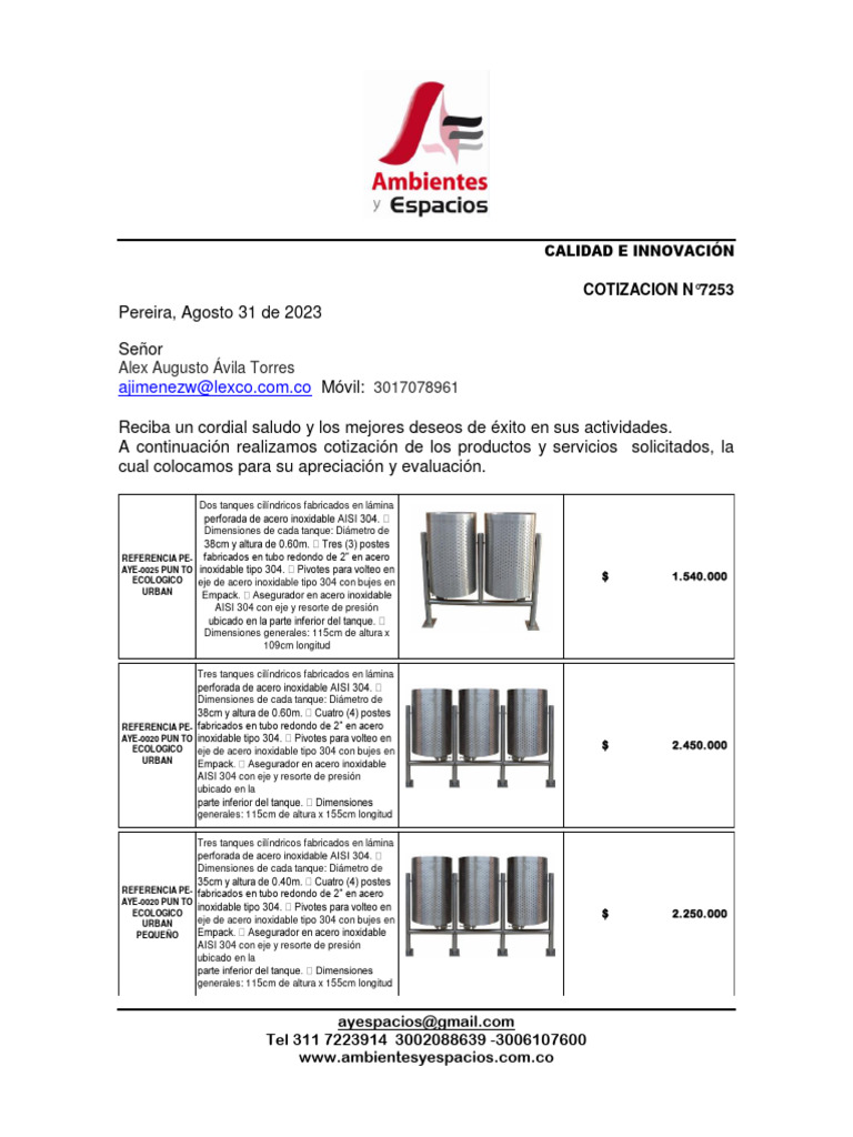 COTIZACION C 7253 - PUNTOS ECOLOGICOS URBAN - Alex Augusto Ávila Torres ...