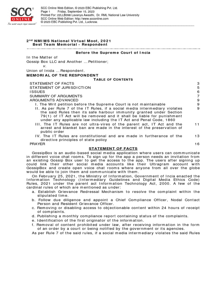 NMIMS Moot 2021: Gossip Box Case Memorial | PDF | Online Copyright ...