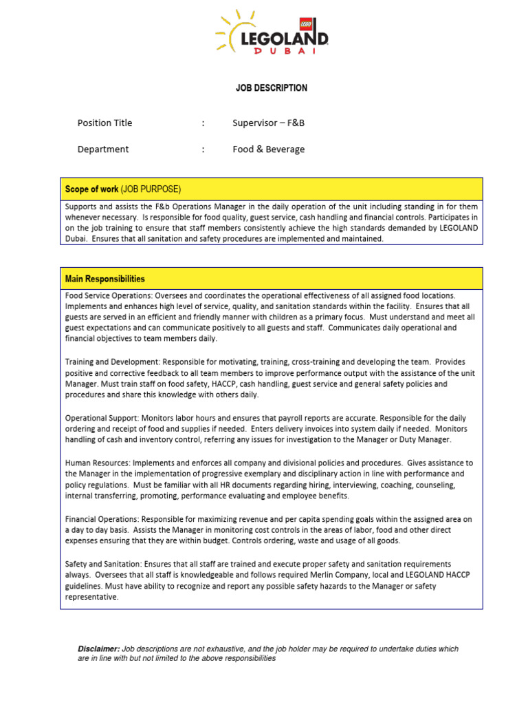 F B Supervisor - JD | PDF