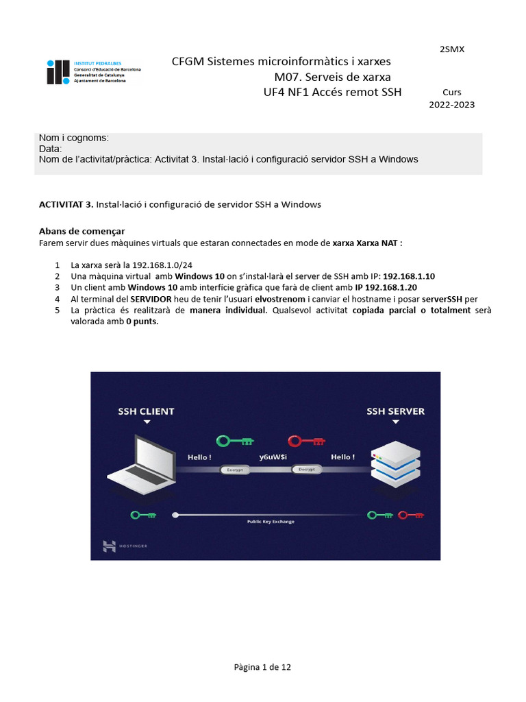 ACTIVITAT 3. UF4 NF1. Instal - Conf - SSH - Windows | PDF