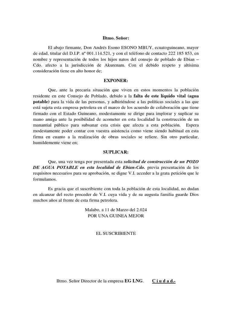 Esono Instancias Pozo de Agua Ebian | PDF