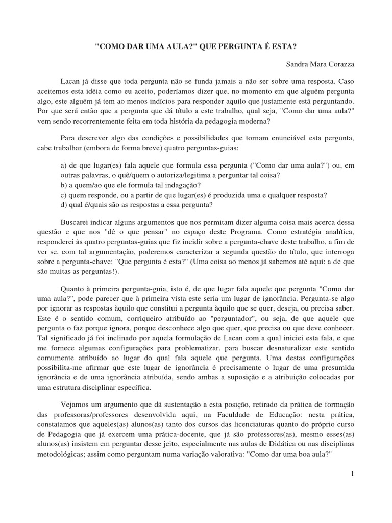 CORAZZA Sandra Mara. Como Dar Uma Aula. Que Pergunta Esta 3 | PDF | Conhecimento | Pedagogia
