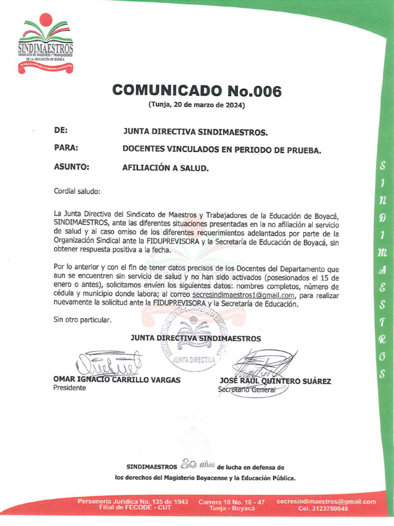 COMUNICADO No.006 AFILIACION A SALUD | PDF
