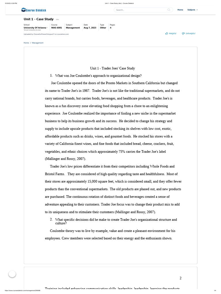 Unit 1 - Case Study (Doc) - Course Sidekick | PDF | Supermarket ...