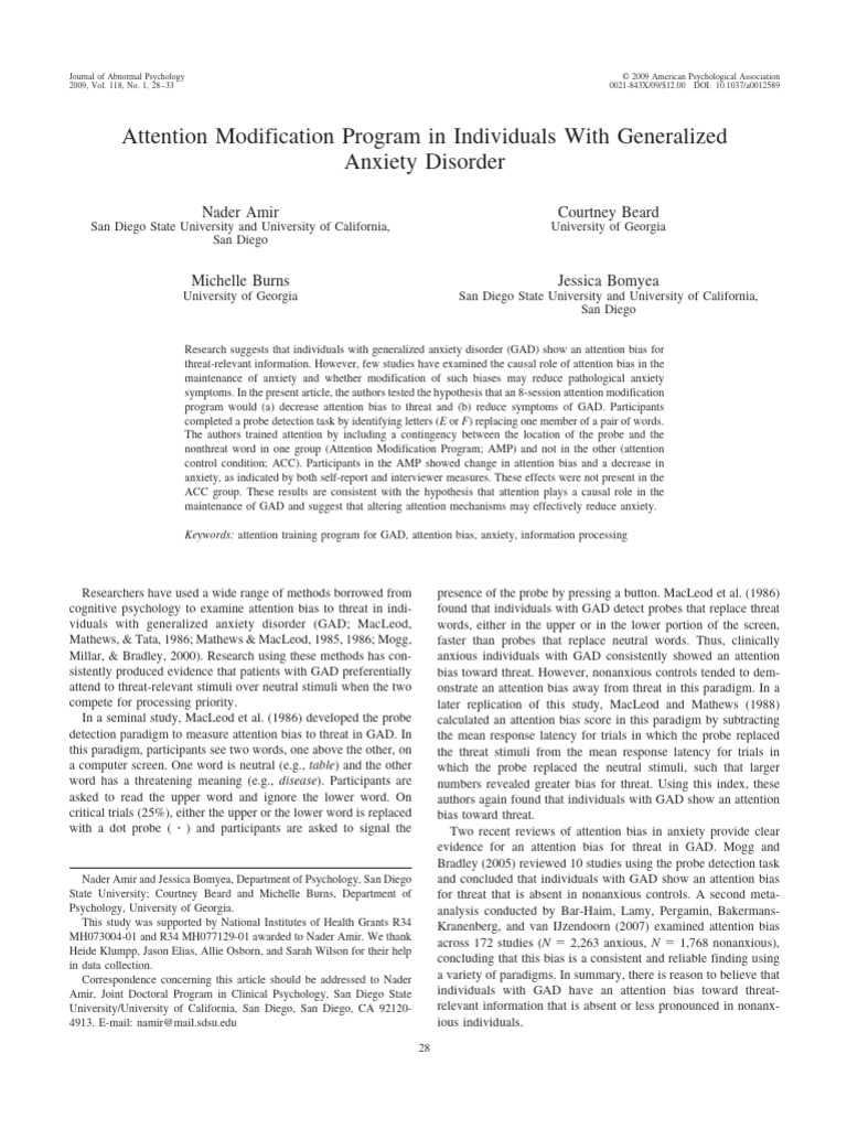 Attention Modification For GAD - Amir Et Al (2009) | PDF | Generalized ...