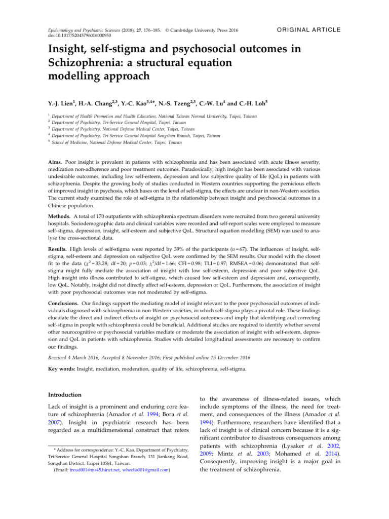 Insight, Self-Stigma and Psychosocia | PDF | Mental Disorder | Psychiatry