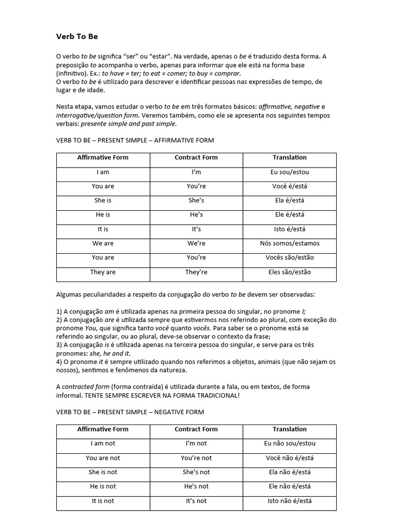 Verb to Be Present and Past Simple - Affirmative Negative and Question ...