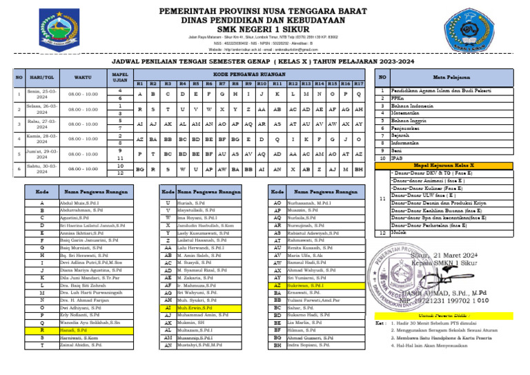 Jadwal PTS SMKN 1 Sikur - Genap X 2023-2024 | PDF