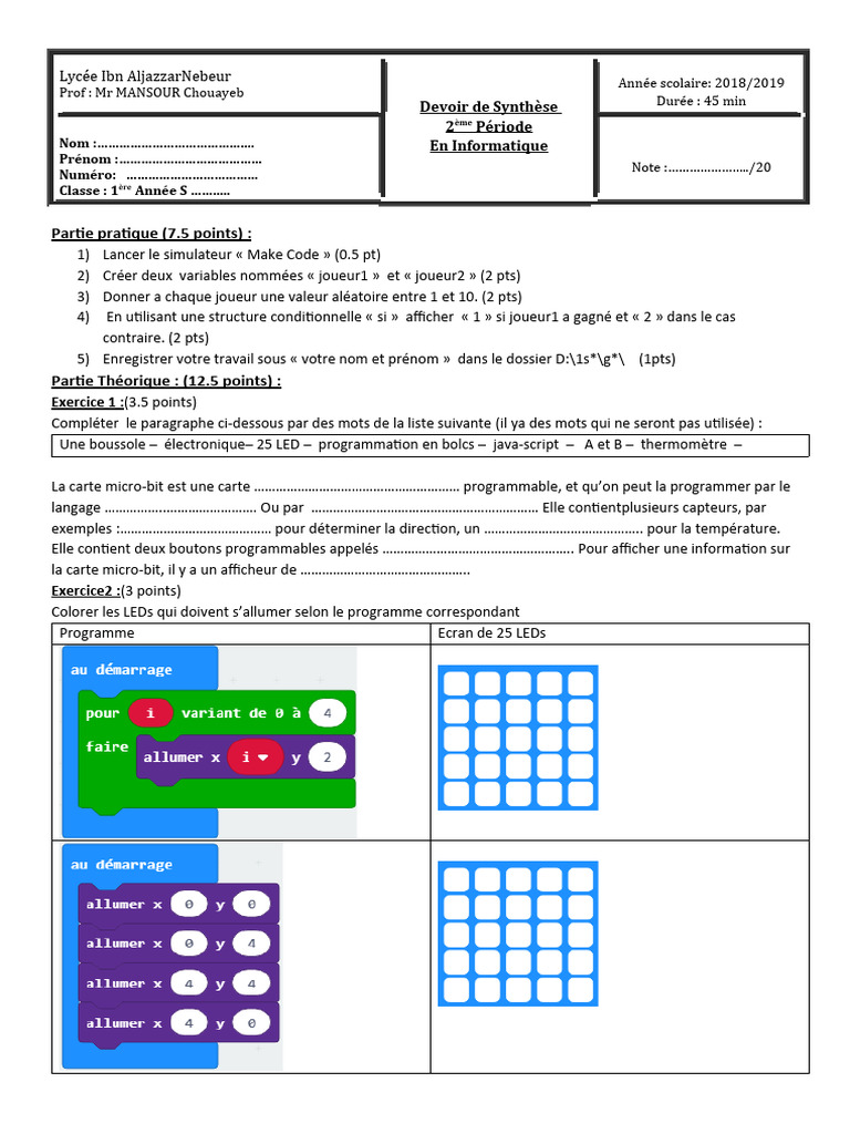 Devoir de Synthèse N°2 Makecode Microbit | PDF | Programme informatique | Programmation
