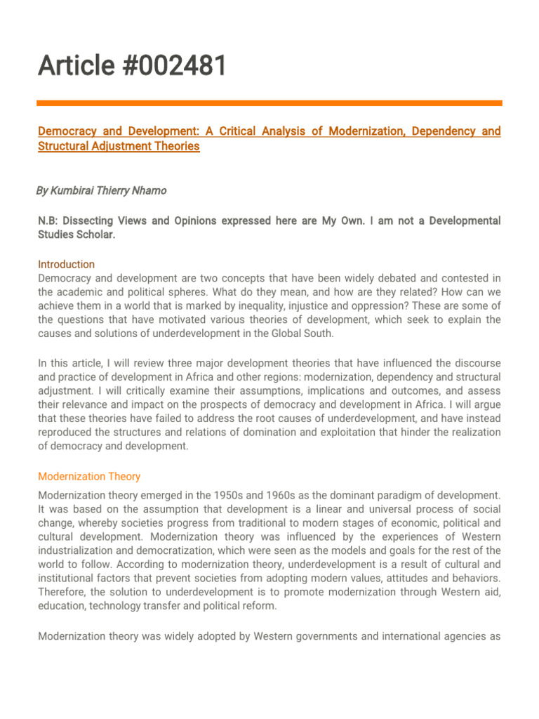 Democracy & Development Theory Analysis | PDF | Modernization Theory ...