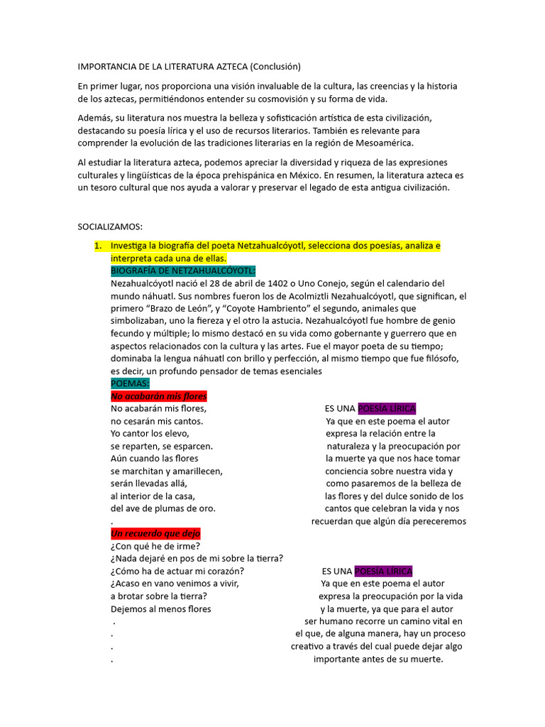 IMPORTANCIA DE LA LITERATURA AZTECA | PDF | Poesía | Mesoamérica