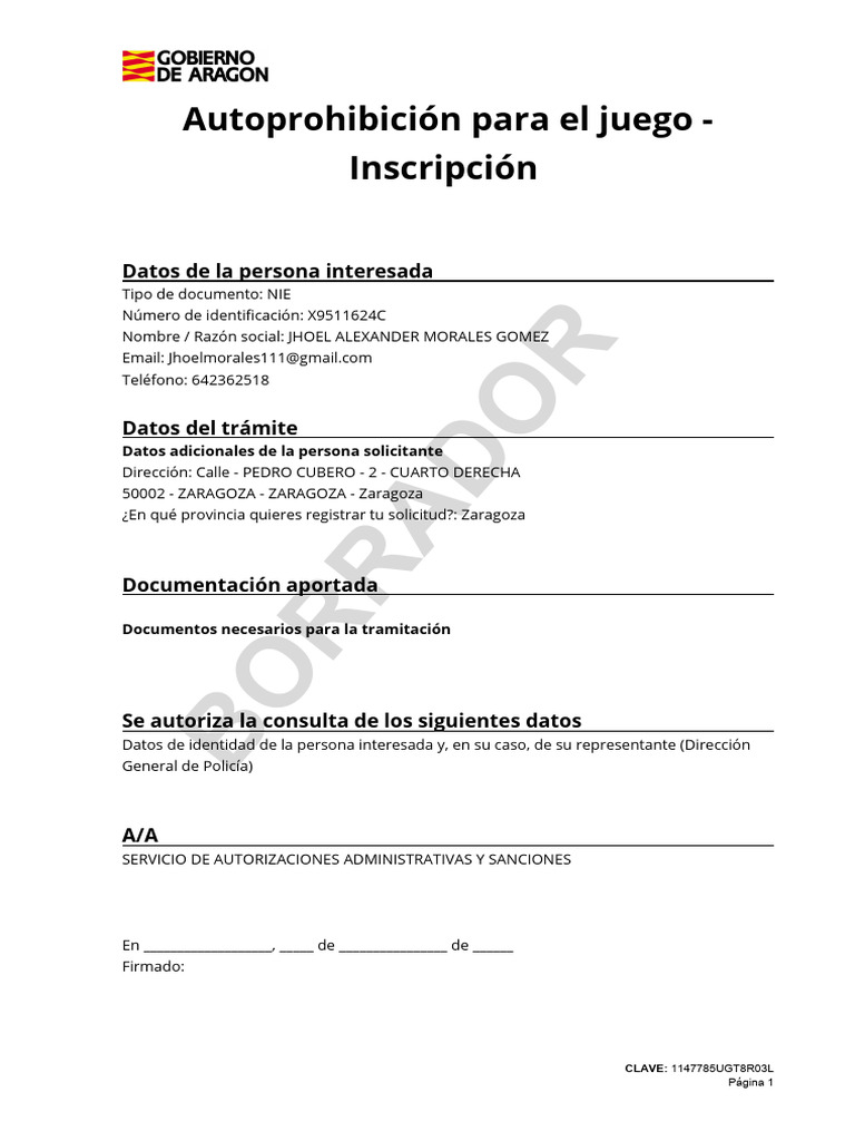 Solicitud de Autoprohibición de Juego | PDF | Derecho