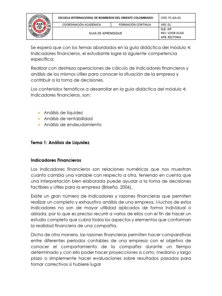 Guía 4 Indicadores financieros | PDF | Rentabilidad sobre recursos propios | Deuda