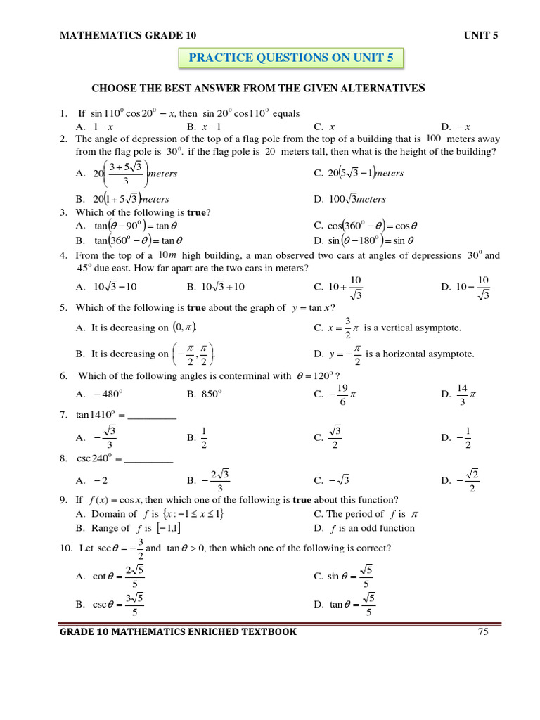 G 10 Maths Unit 5 Exercise | PDF | Trigonometric Functions | Elementary ...