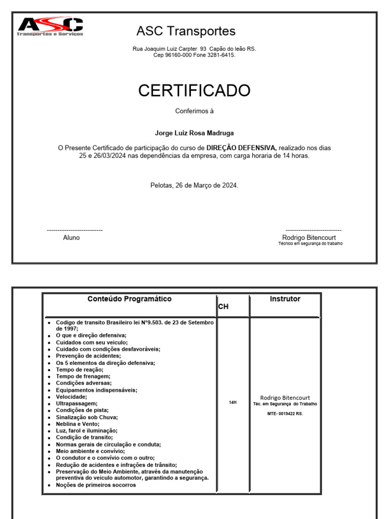 Modelo de Certificado Direção Defensiva Aislam | PDF