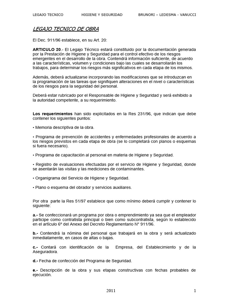 LEGAJO TECNICO DE OBRA | PDF | Higiene