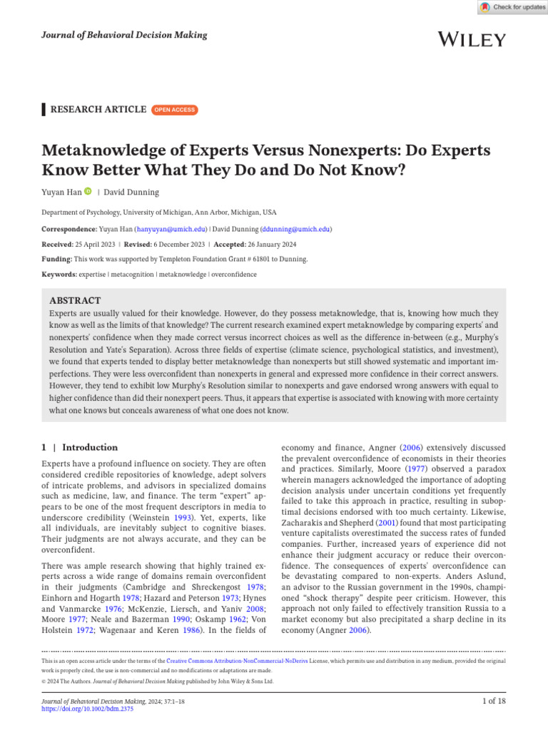 Behavioral Decision Making - 2024 - Han - Metaknowledge of Experts ...