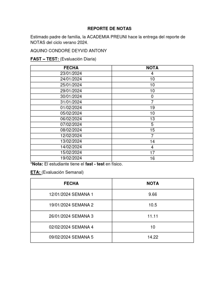 REPORTE DE NOTA Final 4to | PDF